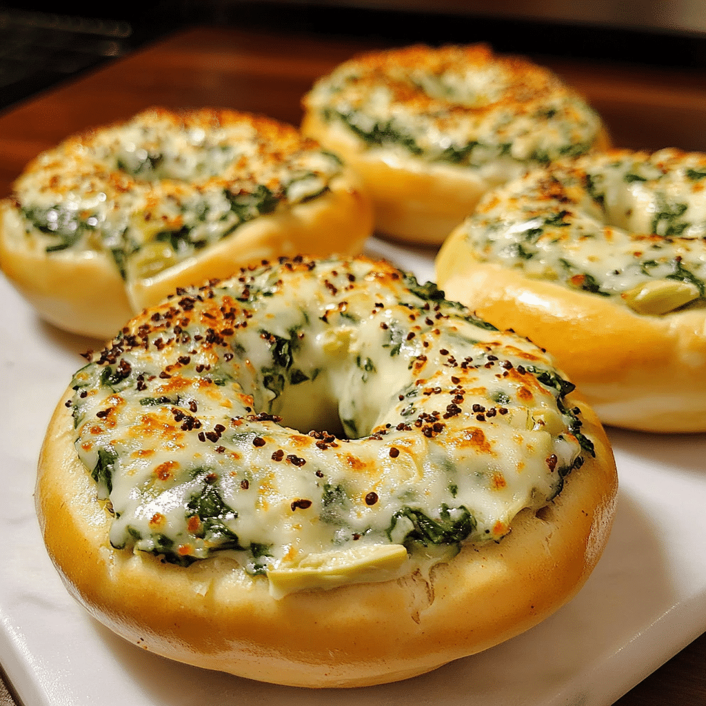 Cheesy Spinach-Artichoke Bagels - Snack Escape